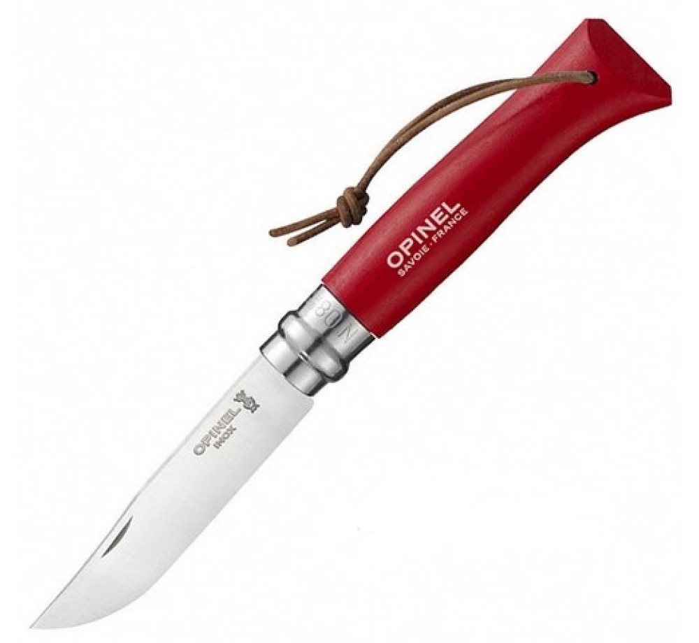Нож Opinel №8 инокс, дръжка бук червена с кожена връзка - №8 инокс ...